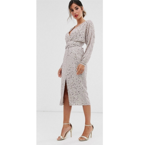 ASOS | Dresses | Asos Design Midi Dress With Batwing Sleeve And Wrap Waist In Scatter Sequin ...